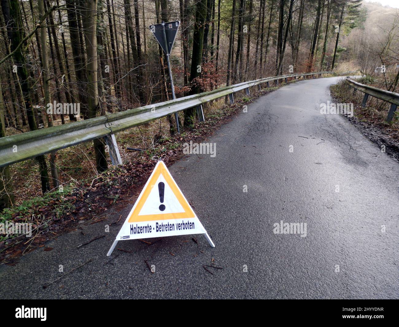 Triangular warning sign on the road Stock Photo - Alamy