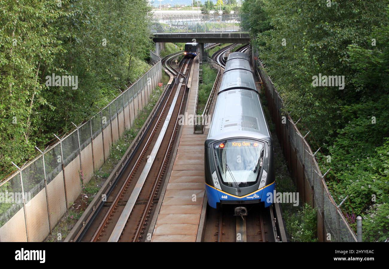 SkyTrain riding through Burnaby city, British Columbia, Canada Stock ...