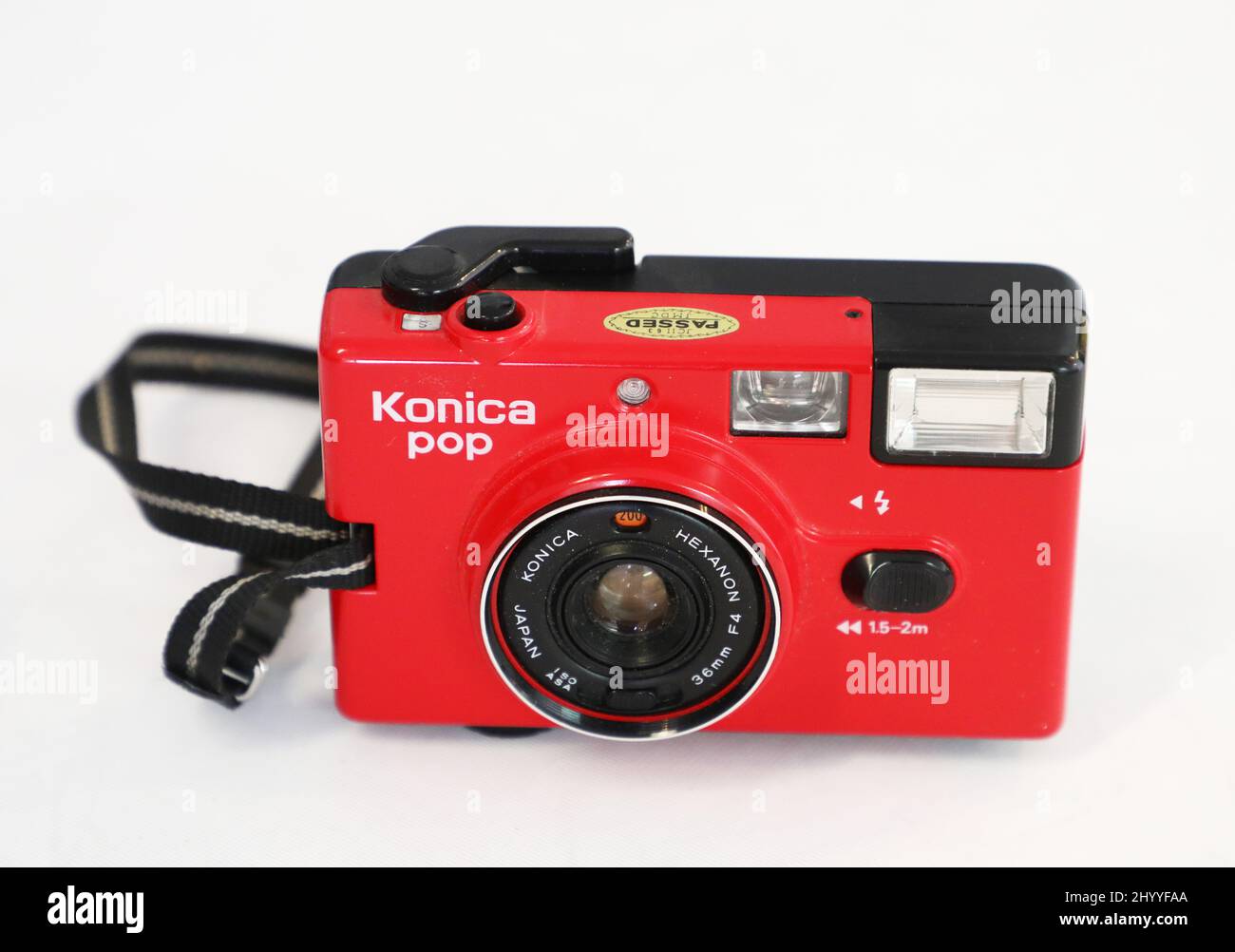 A red Konica pop 35 mm camera at a camera museum, Vadstena, Sweden ...