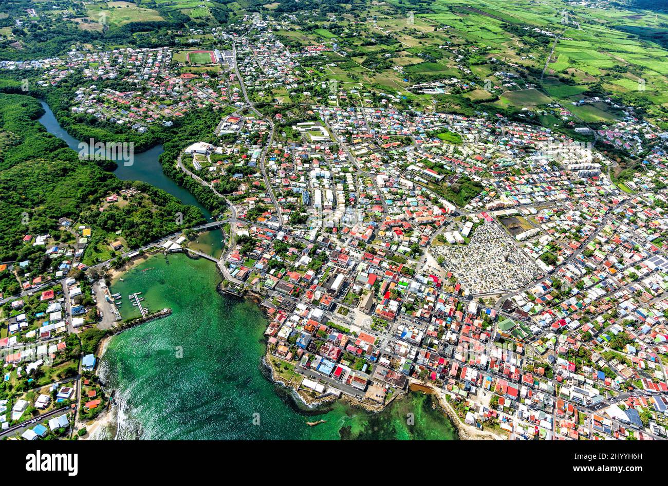 Aerial view of the town Le Moule, East coast, Grande-Terre, Guadeloupe ...