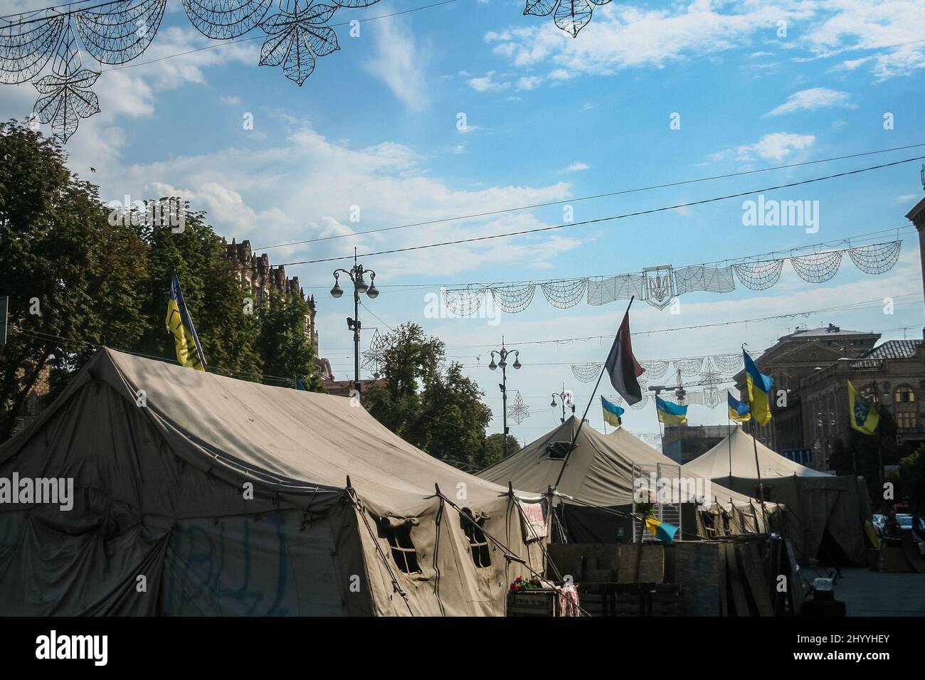 KYIV, UKRAINE - AUGUST 4, 2014: Euromaidan barricades and tents on ...