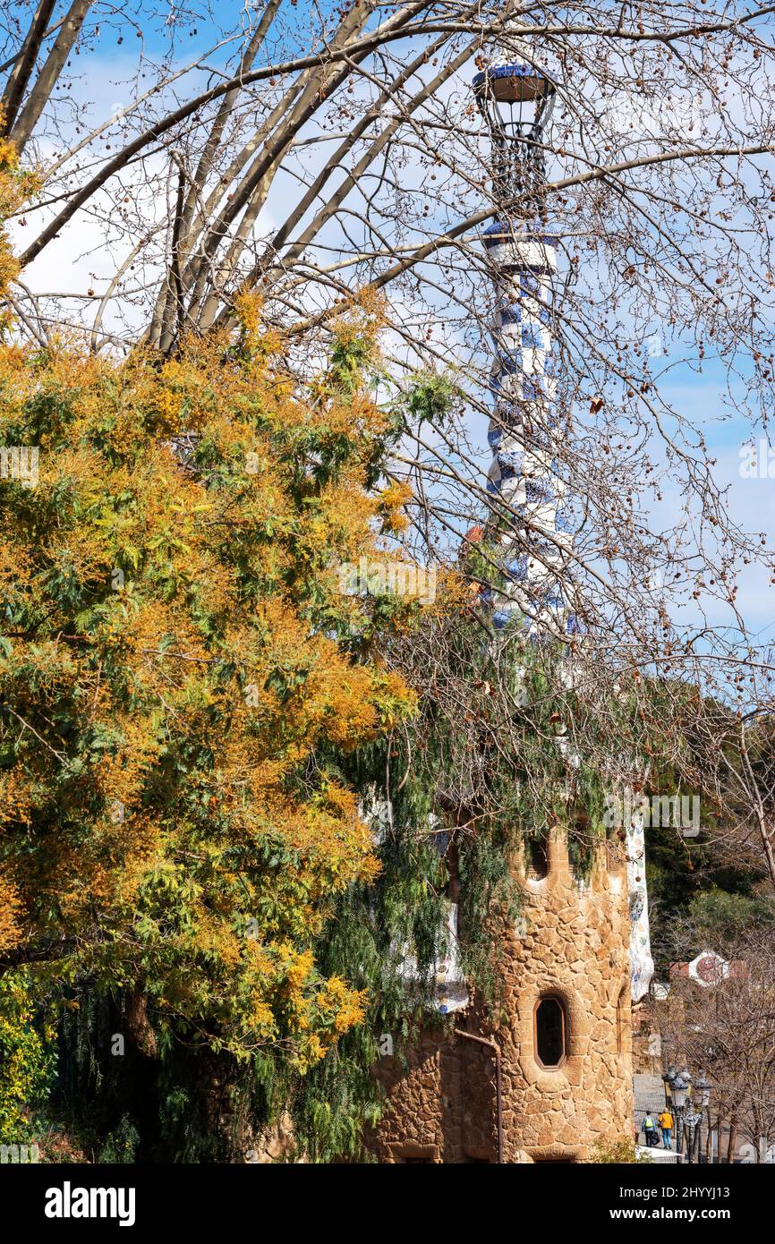 PARK GUELL BARCELONA CATALONIA SPAIN THE GAUDI BLUE AND WHITE MOSAIC ...