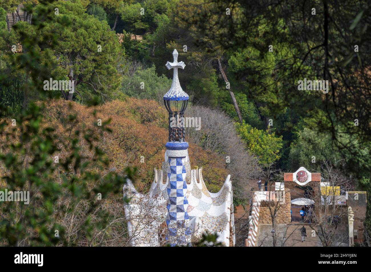 PARK GUELL BARCELONA CATALONIA SPAIN TREES ON CARMEL HILL SURROUND THE ...