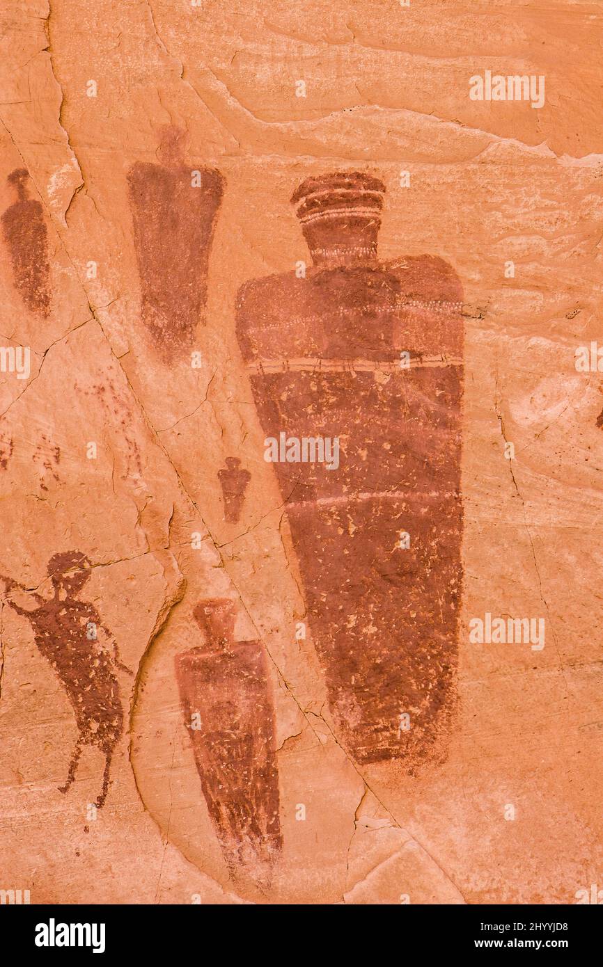 Painted rock art pictographs in the Great Gallery, an ancient rock art ...
