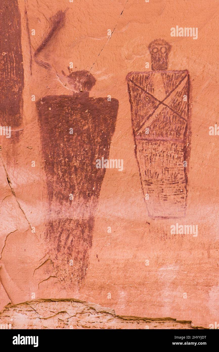 Painted rock art pictographs in the Great Gallery, an ancient rock art ...