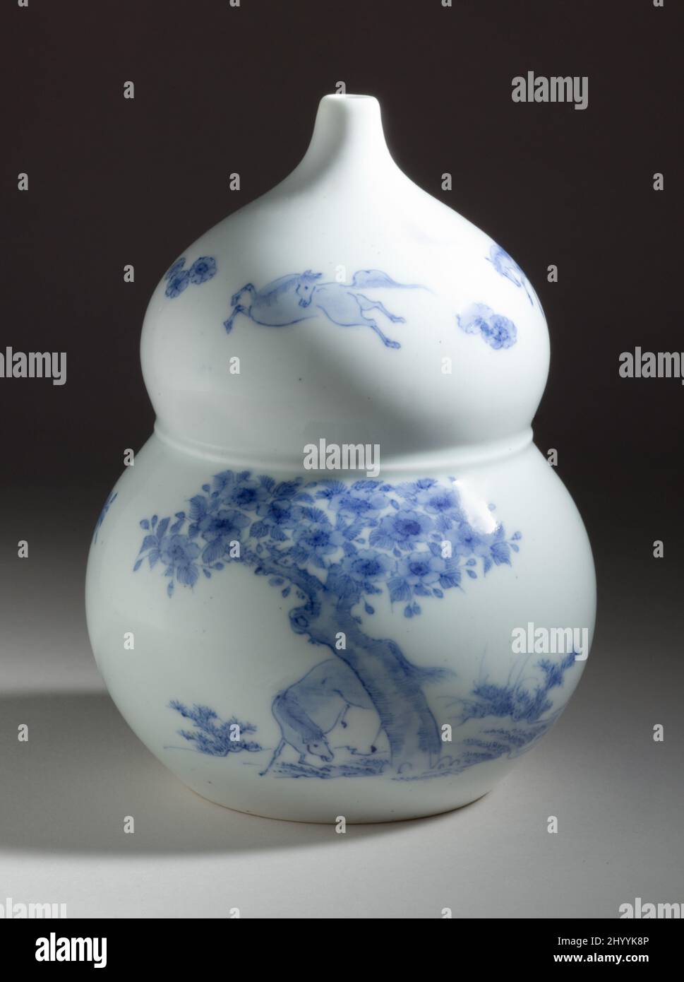 Gourd Shaped Sake Flask with Horses and Flowering Tree Design. Japan ...