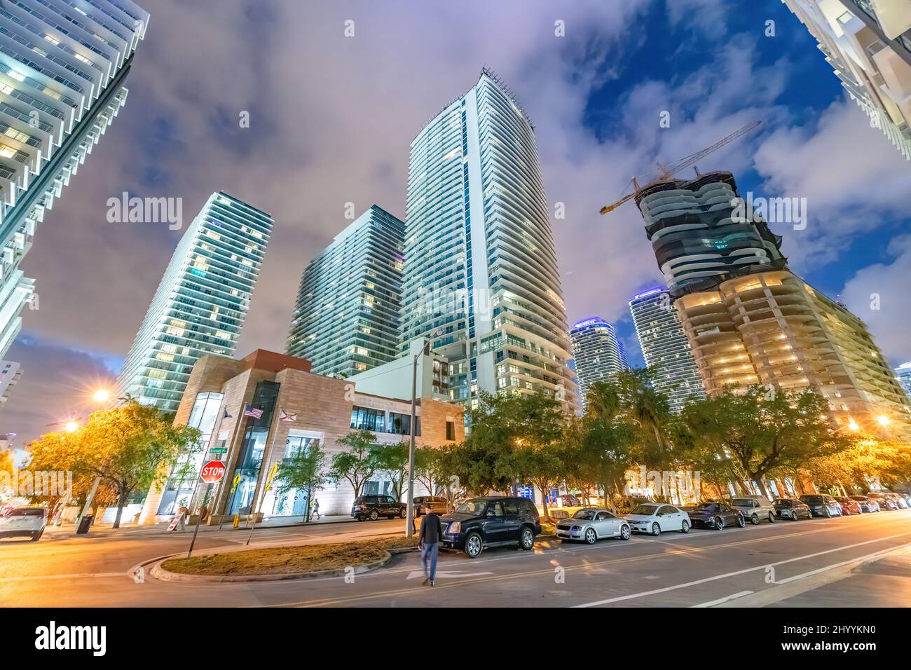 Downtown Miami skyscrapers at night from street level Stock Photo - Alamy