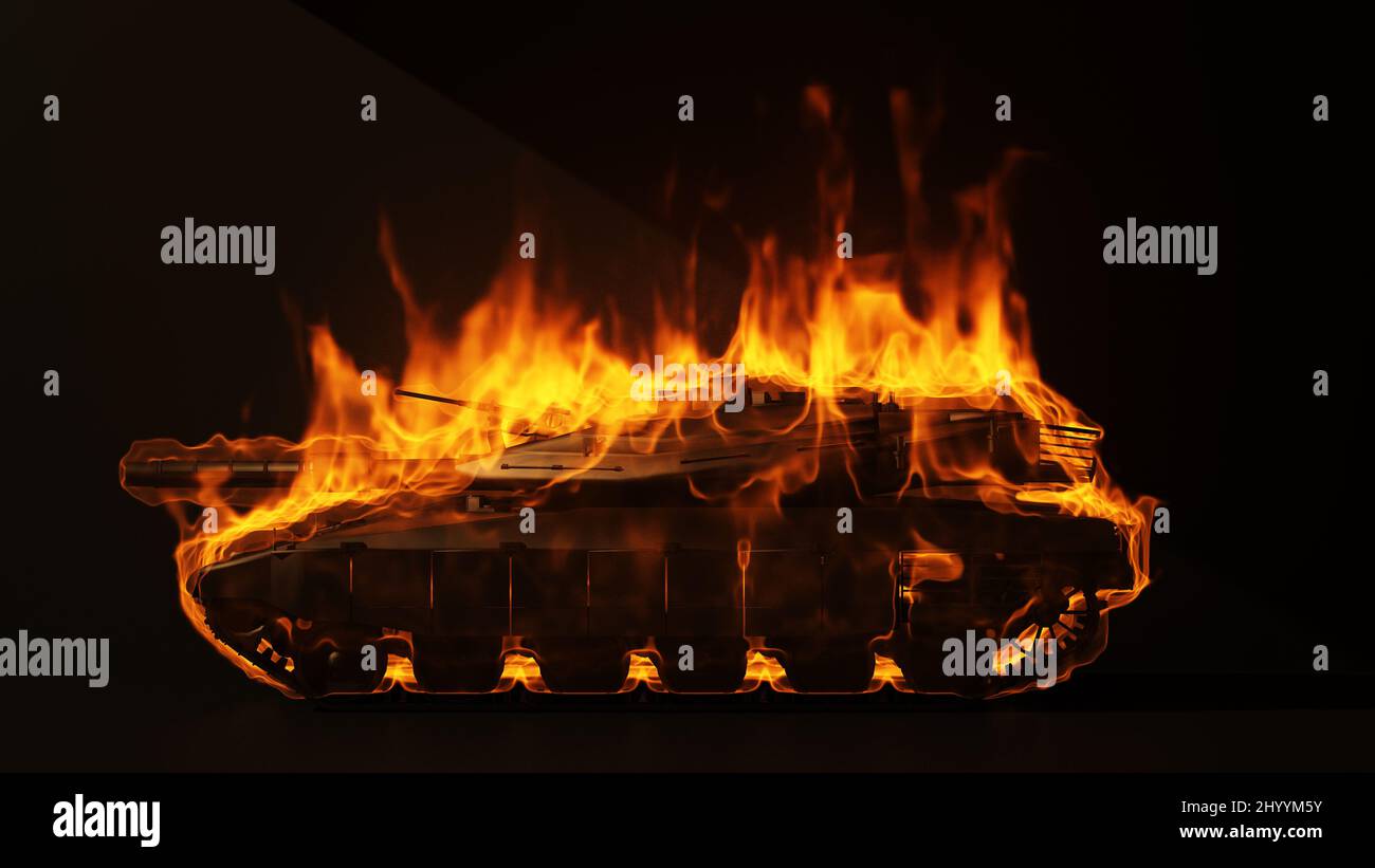 burning tank side view on black background. 3d rendering Stock Photo ...