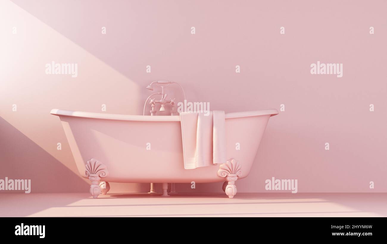 pink bathtub on pink background side view with copy space. 3d rendering ...