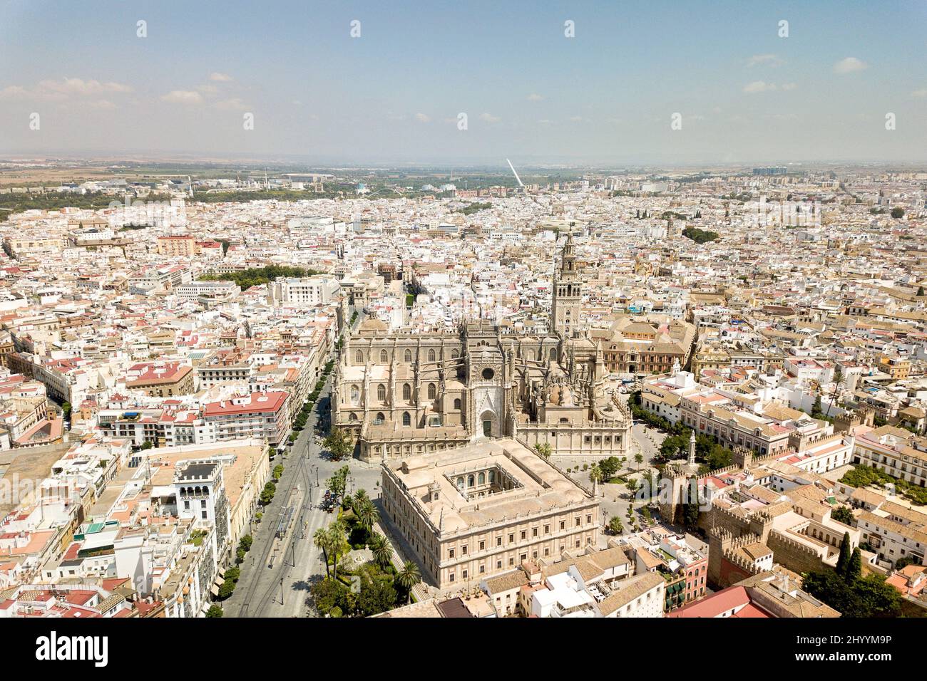 Panoramic aerial perspective of Cathedral Of Seville. View from above ...