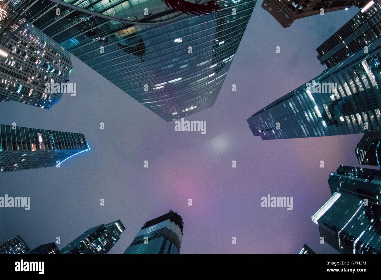Low angle fish eye shot of illuminated Chicago at night Stock Photo - Alamy