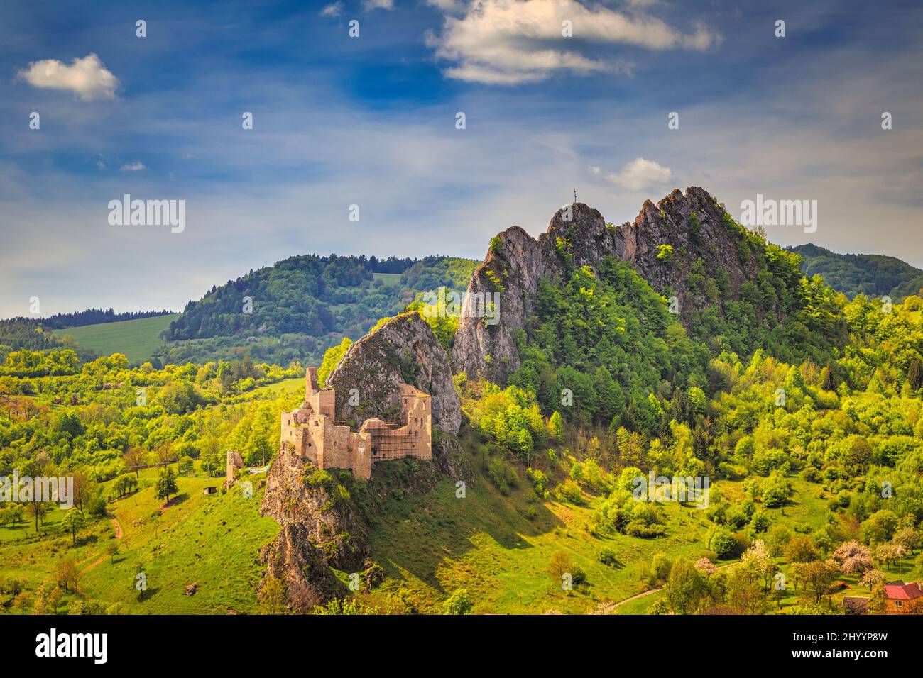 Medieval castle Lednica with surrounding landscape on a spring sunny ...