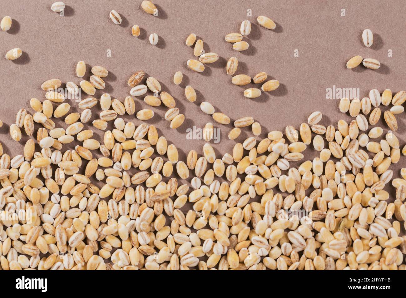 Organic uncooked pearl barley top view. Grains of raw dried broken ...