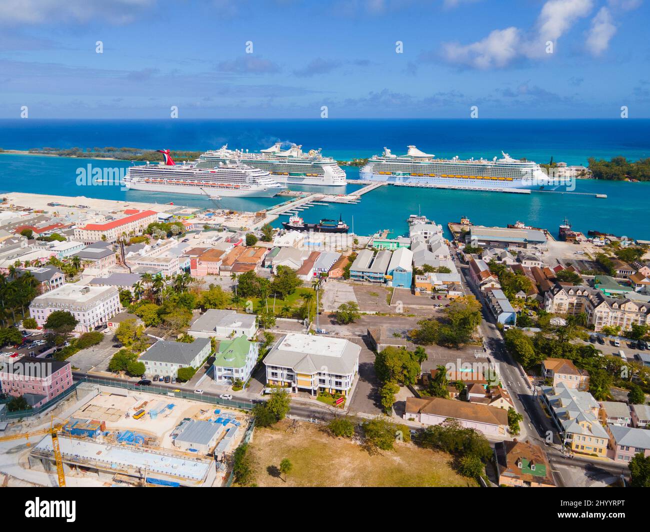Nassau downtown aerial view and Cruises docked at Nassau Cruise Port in ...