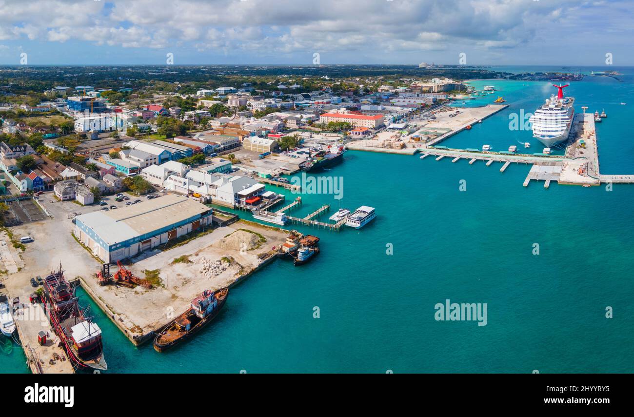 Nassau downtown aerial view and Cruises docked at Nassau Cruise Port in ...