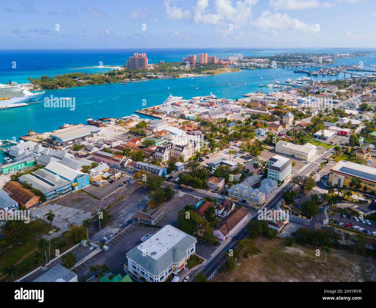 Nassau historic downtown aerial view and Nassau Harbour with Atlantis ...
