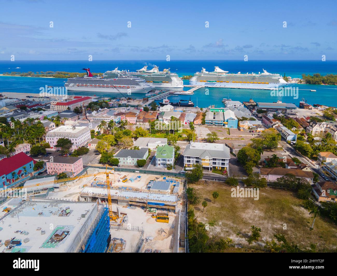 Nassau downtown aerial view and Cruises docked at Nassau Cruise Port in ...