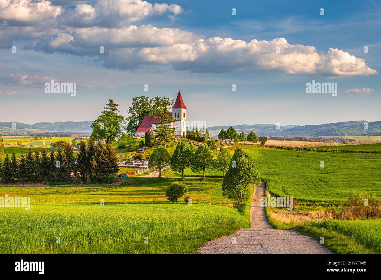 Rural landscape with road toward a church in the Abramova village ...