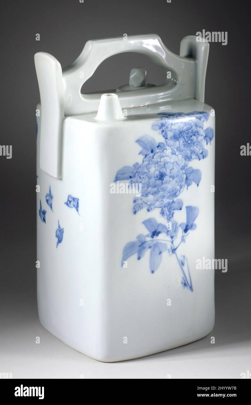 Bucket-form Sake Bottlel with Hawk and Sparrow Decor. Japan, 19th ...