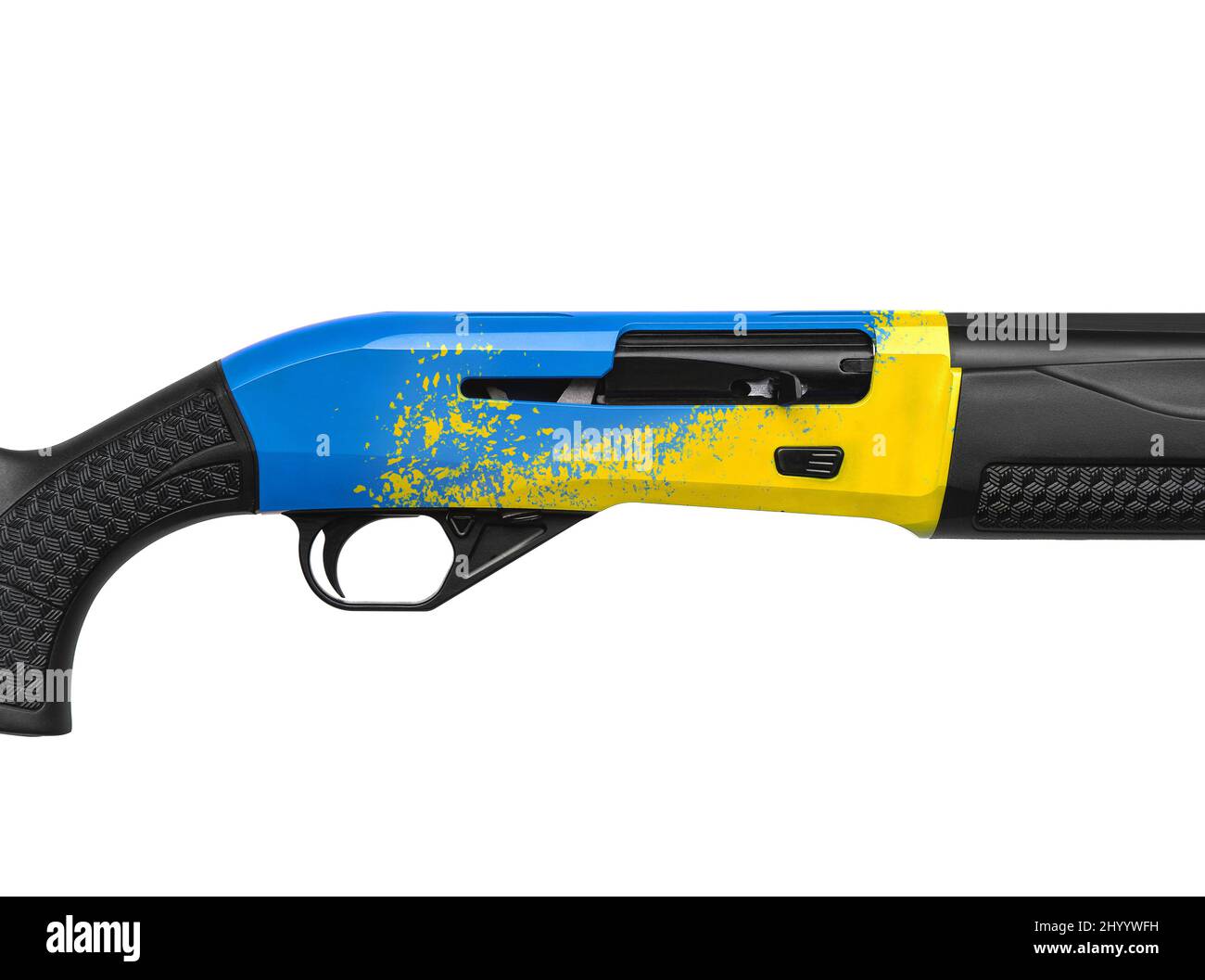 Modern black semi-automatic shotgun with blue yello accents isolate on ...