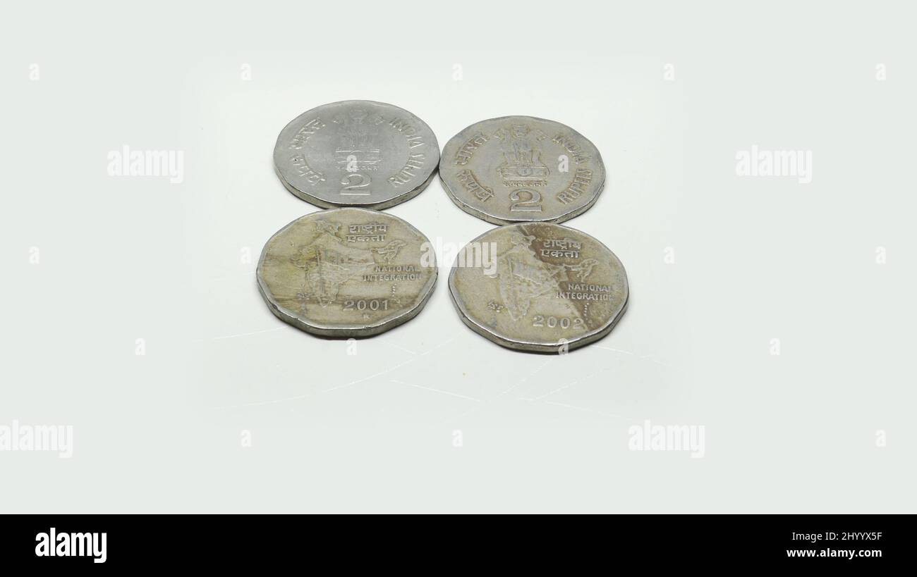 Closeup of Indian two rupees coins isolated on a white background Stock ...
