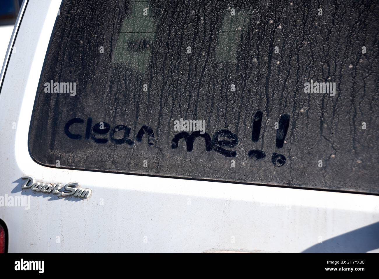 "Clean me" written on the dirty window of a car parked in Santa Fe, New ...