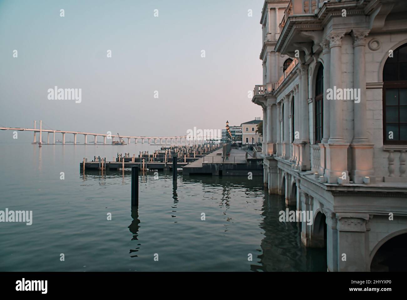 Scenic view of the Macau Fisherman's Wharf surrounded by water on a ...