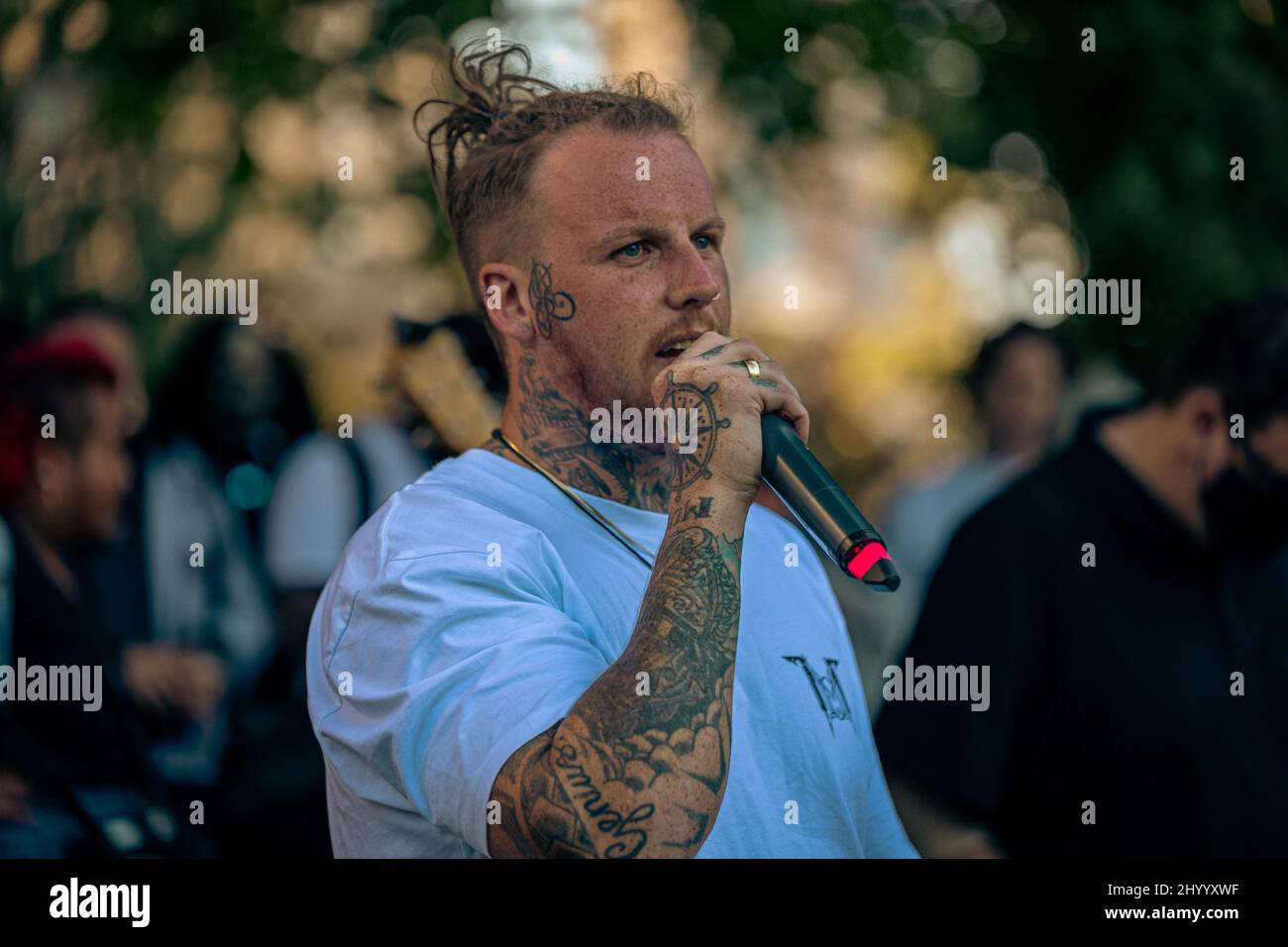 Male giving a speech on the freedom day protest in Melbourne, Australia ...