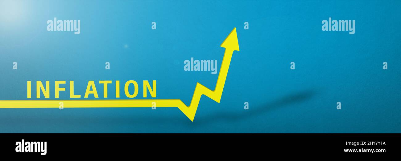 Inflation. Rising inflation. Global financial crisis. Yellow arrow on ...