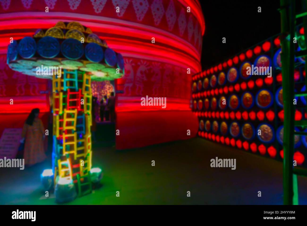 Blurred image of Howrah, West Bengal, India. View of decorated Durga ...