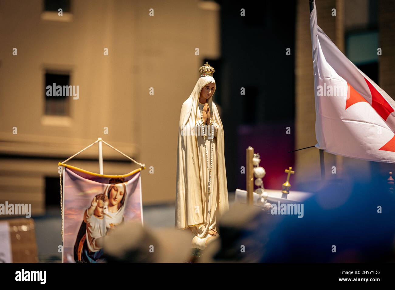 Virgin Mary statue on the freedom day protest in Melbourne, Australia ...