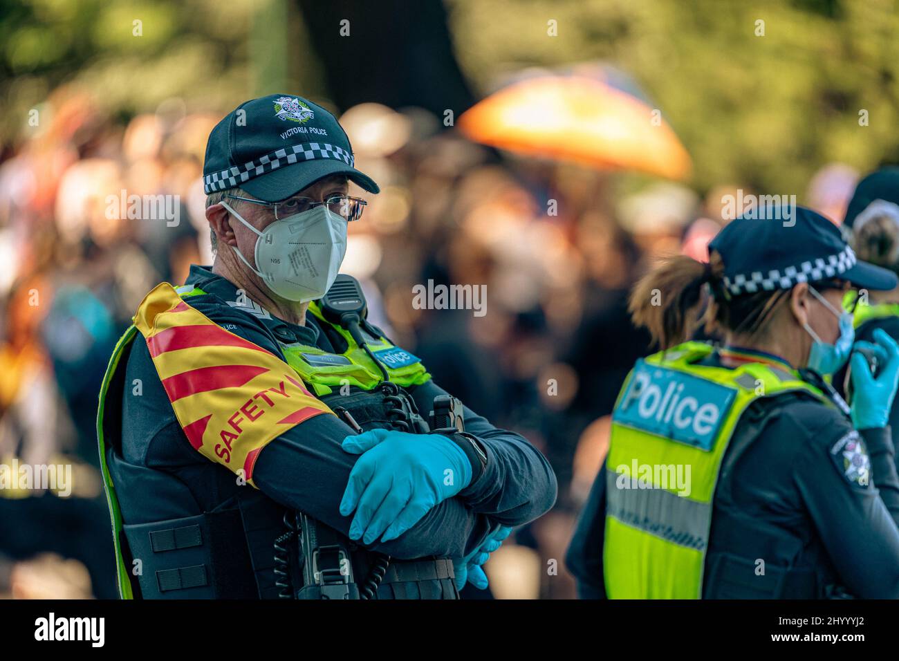Security worker on the freedom day protest in Melbourne, Australia ...