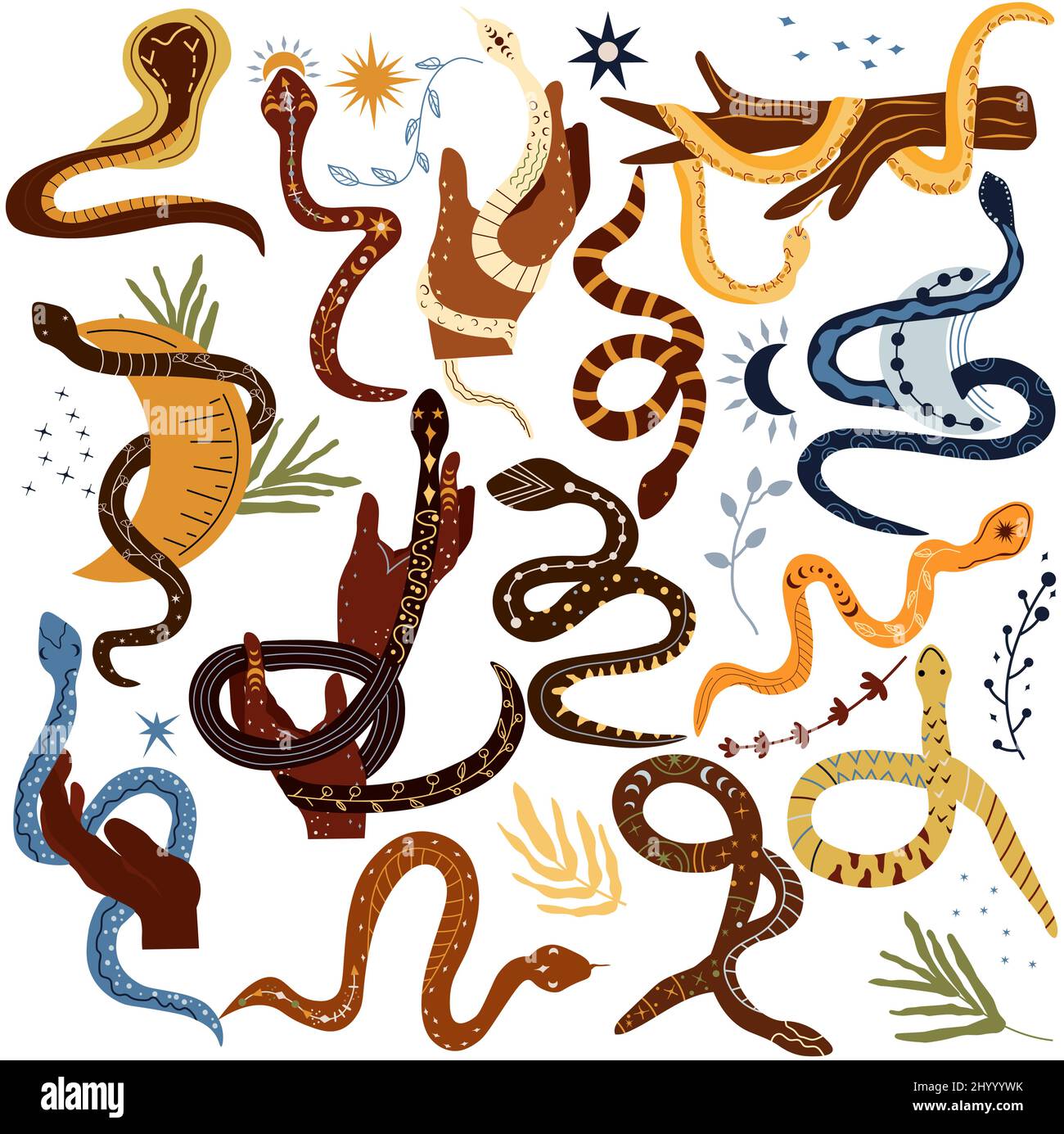 Mystical boho snake. Set of snake, Leaves, Flowers, Snake wrapped ...
