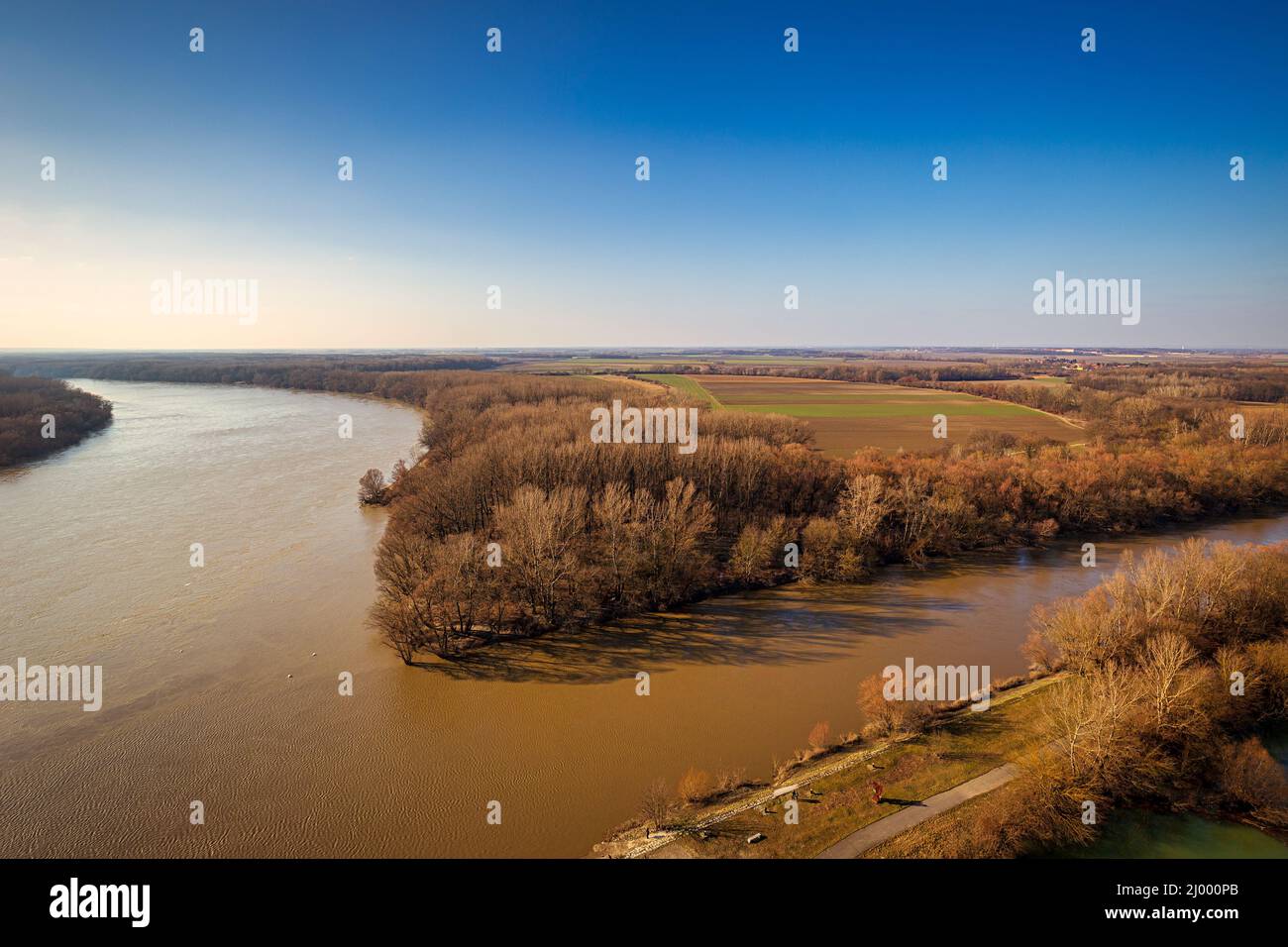 The confluence of the rivers Danube and Morava near Bratislava ...