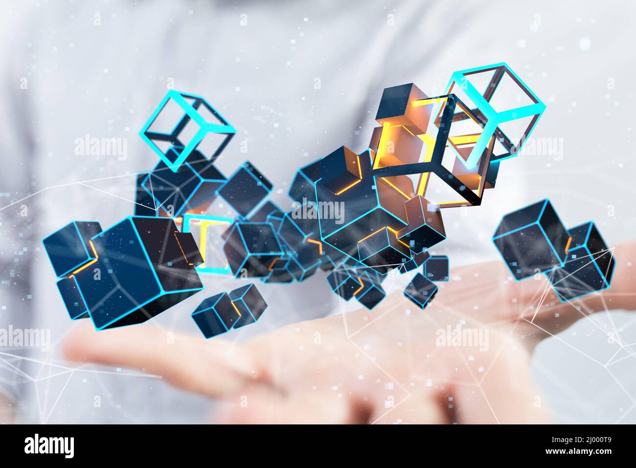 A 3D illustration of network holding above the hand Stock Photo - Alamy