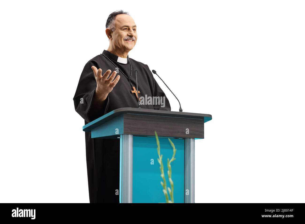 Priest talking on a speaker podium isolated on white background Stock ...