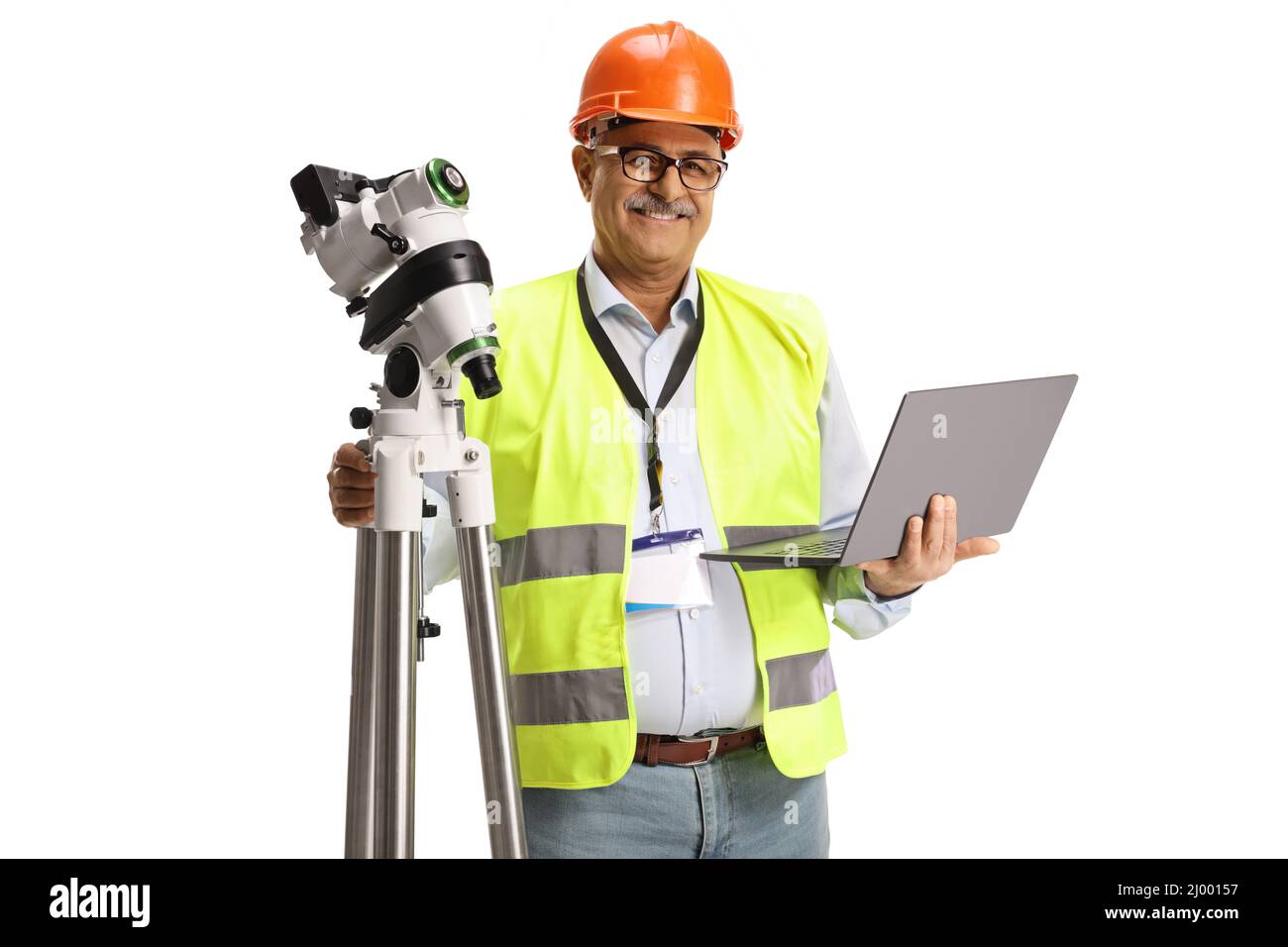 Smiling geodetic surveyor with a measuring equipment isolated on white ...