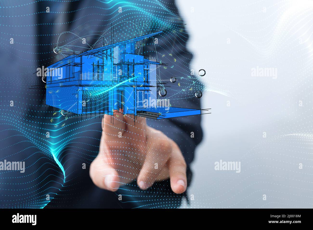 Real estate agent working on a digital render of a blue house design ...