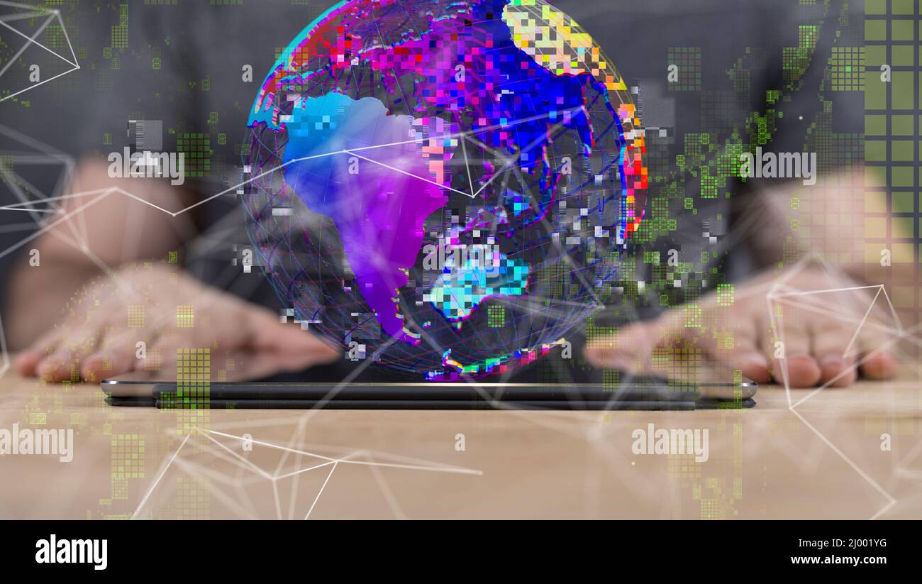 Tablet on a wooden table with a floating render of a colorful global ...