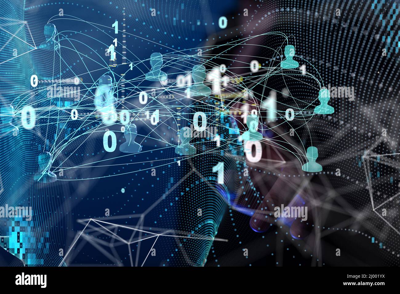 Floating digital render of a blue white network of binary code and ...