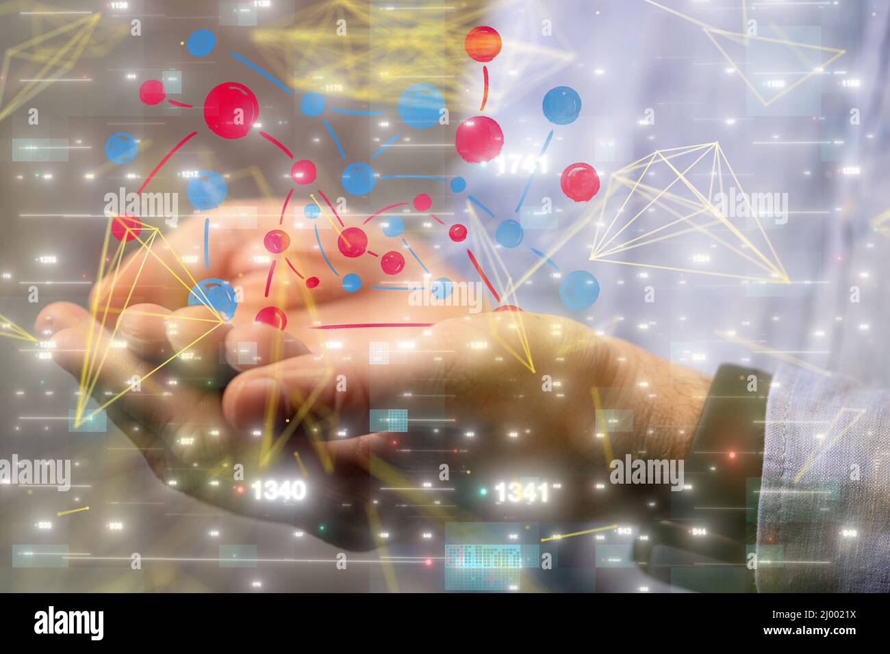 Businessman holding a digital render of a colorful global network Stock ...