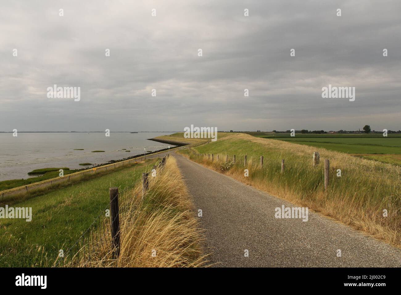 a beautiful dutch coast landscape with a dike crossing and a road along ...
