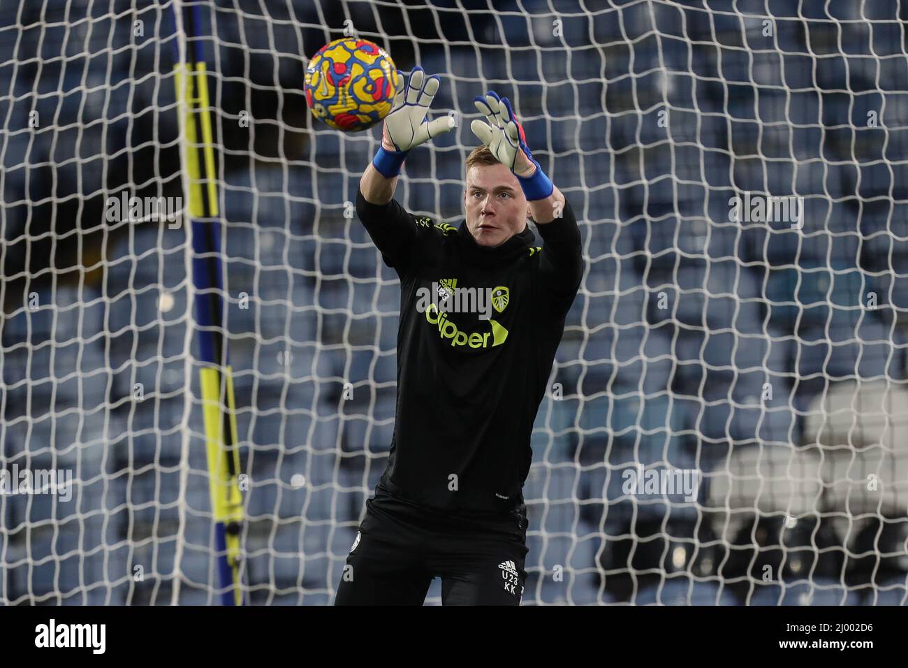 Kristoffer Klaesson #13 of Leeds United during the pre match warm up ...