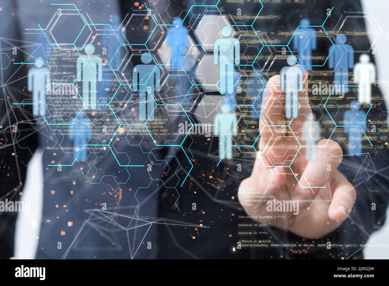 Businessman tapping on a digital render of a connected profile icon network Stock Photo - Alamy