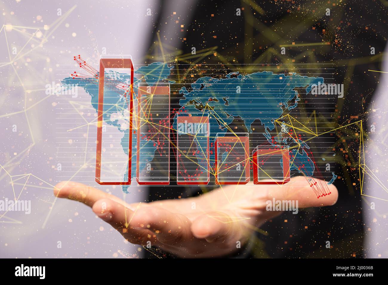 Businessman holding a render of a global bar chart Stock Photo - Alamy