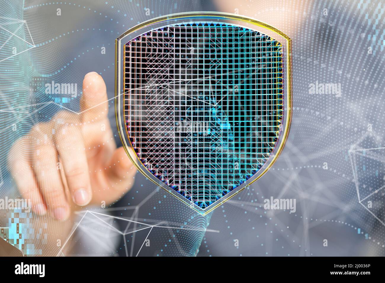 Businessman tapping a render of a digital shield-cybersecurity concept ...