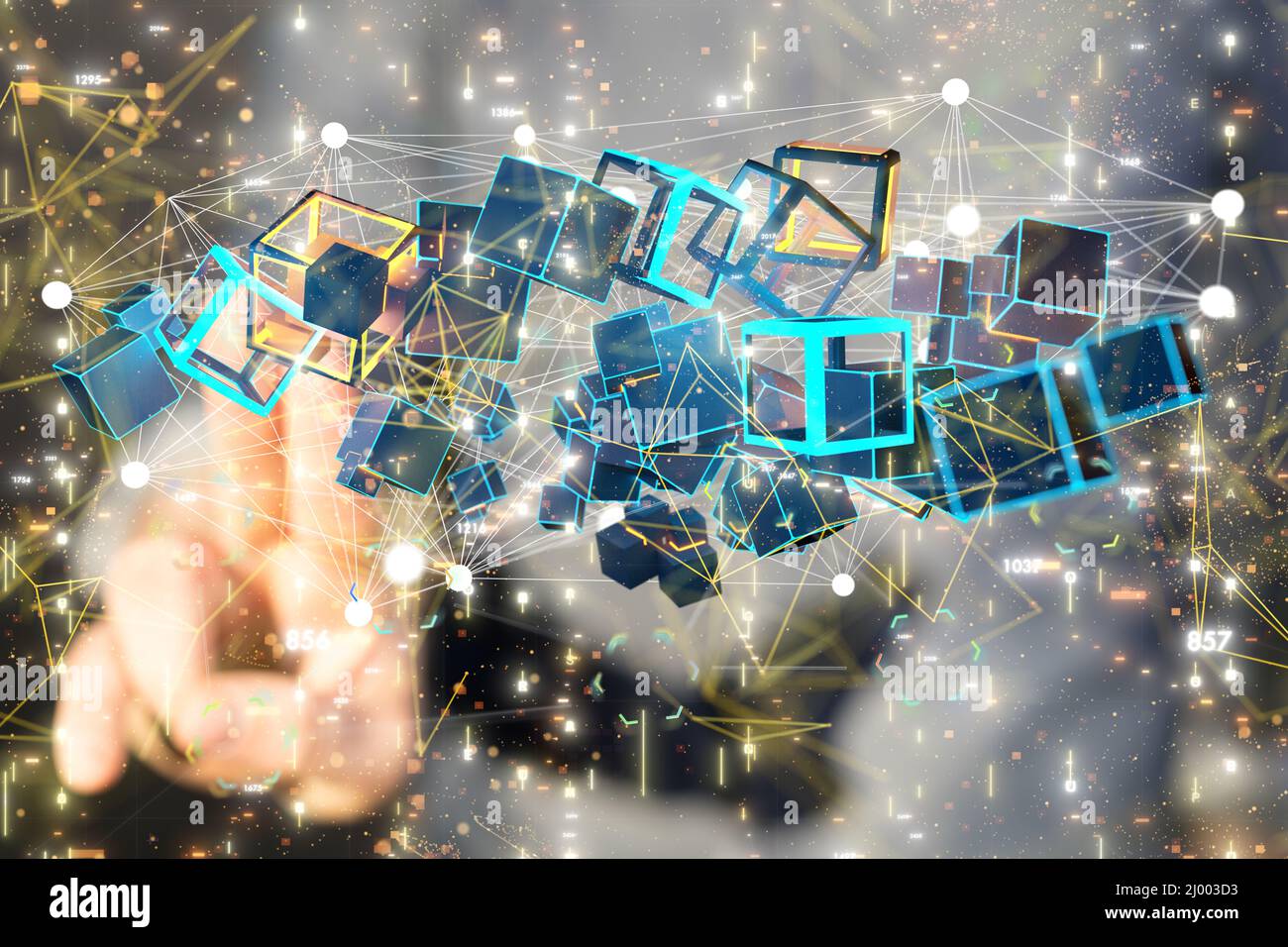 Businessman tapping on a digital render of a floating connected cube ... Businessman tapping on a digital render of a floating connected cube ...