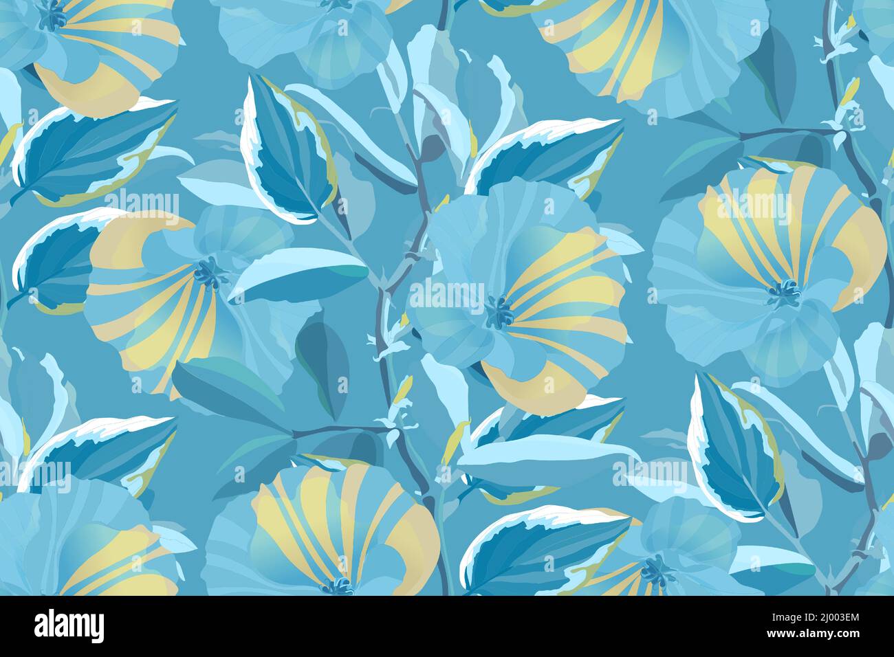 Vector floral seamless pattern. Yellow-blue flowers and leaves on a ...