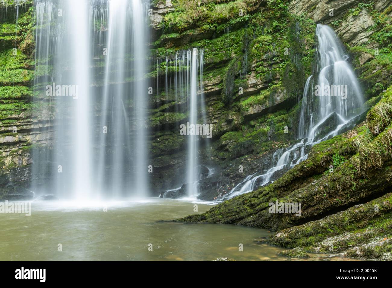Flumen waterfall in the Flumen gorges at the bottom of a valley in the ...