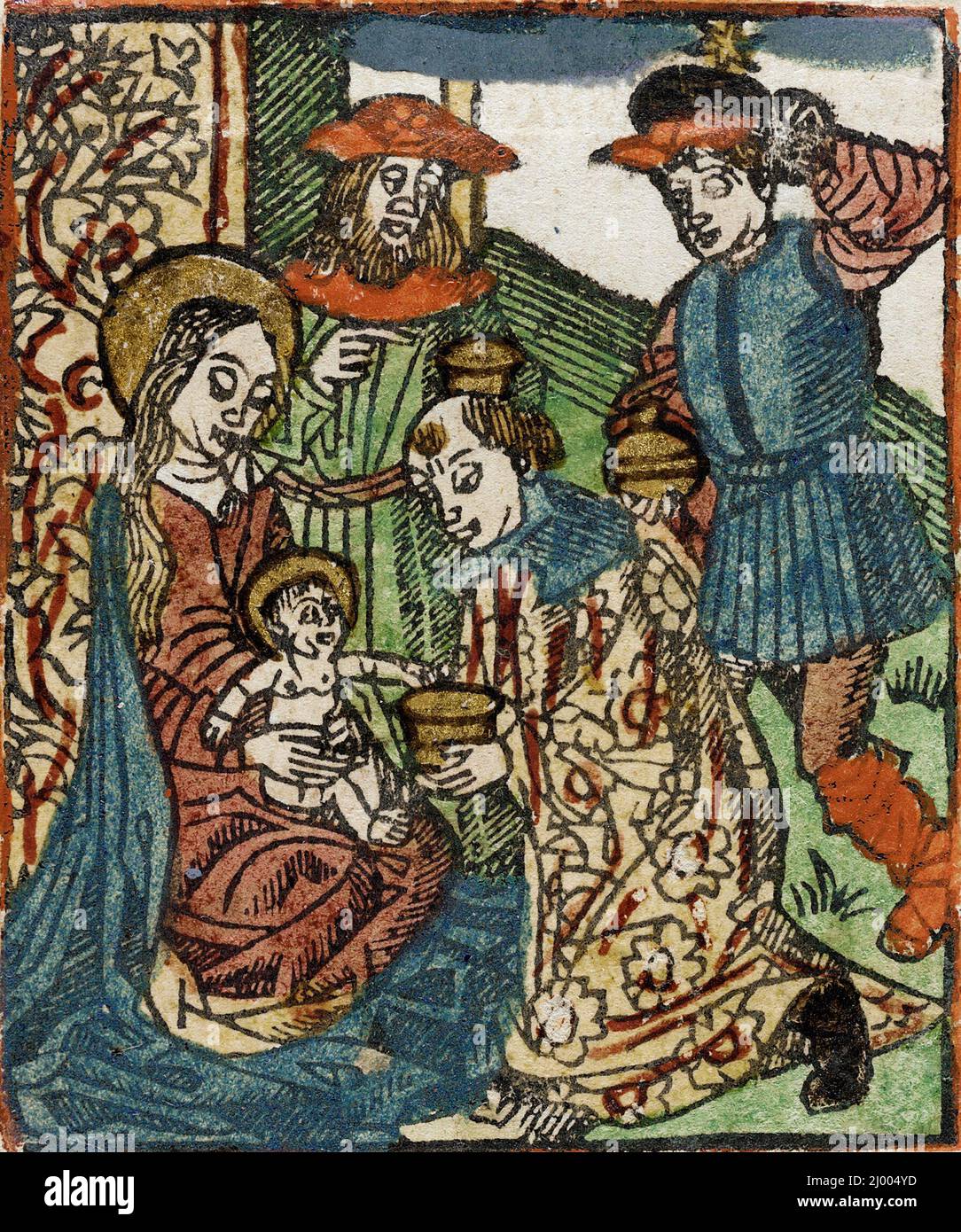 Adoration of the Magi. Netherlands, late 15th-early 16th century. Prints; woodcuts. Hand colored ...